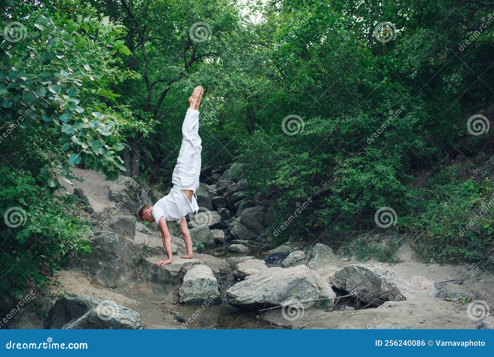 A Young Guy is Doing Yoga in Nature, Performing a Handstand. Stock ...