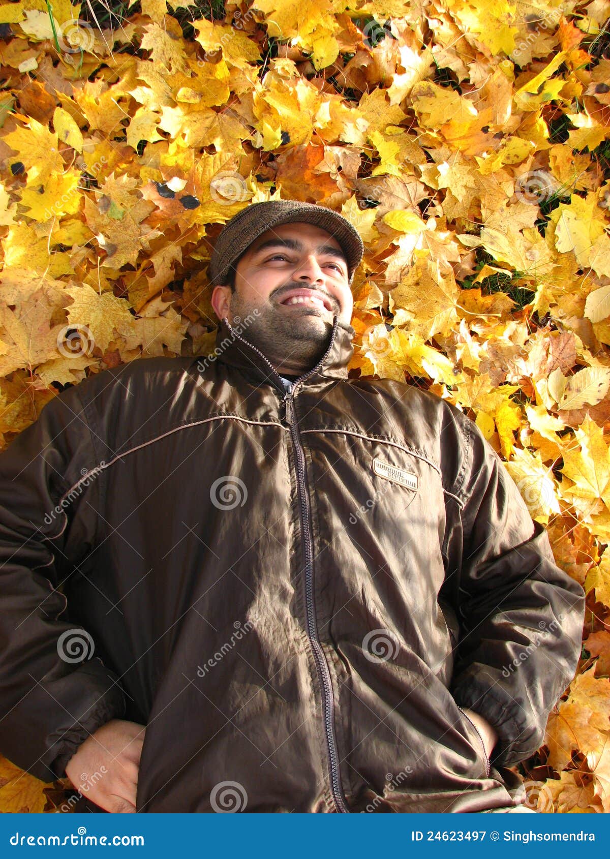 A Young Guy Enjoying the Bed of Fall Leaves Stock Image - Image of ...