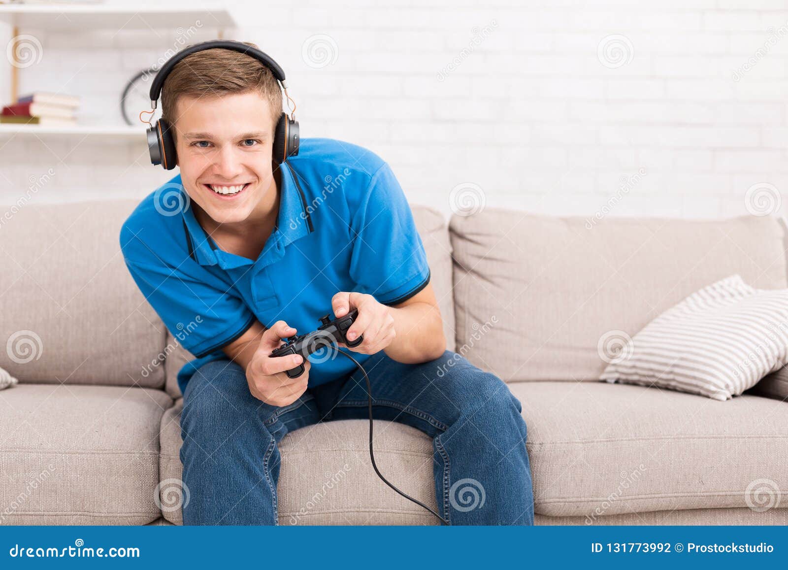 Young Guy Enjoying Web Game, Playing with Joystick Stock Photo - Image ...