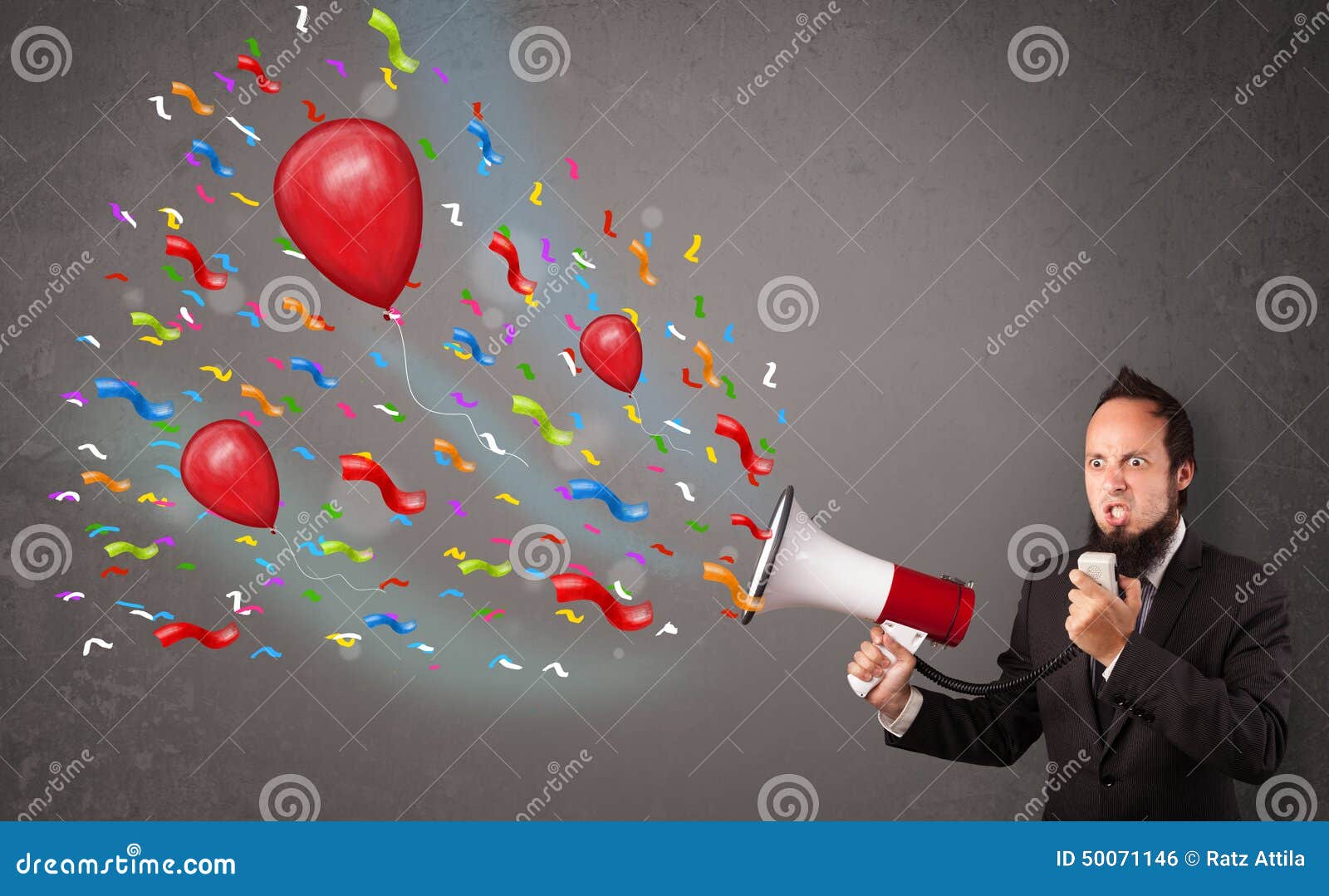Young Guy Having Fun, Shouting into Megaphone with Balloons Stock Photo ...