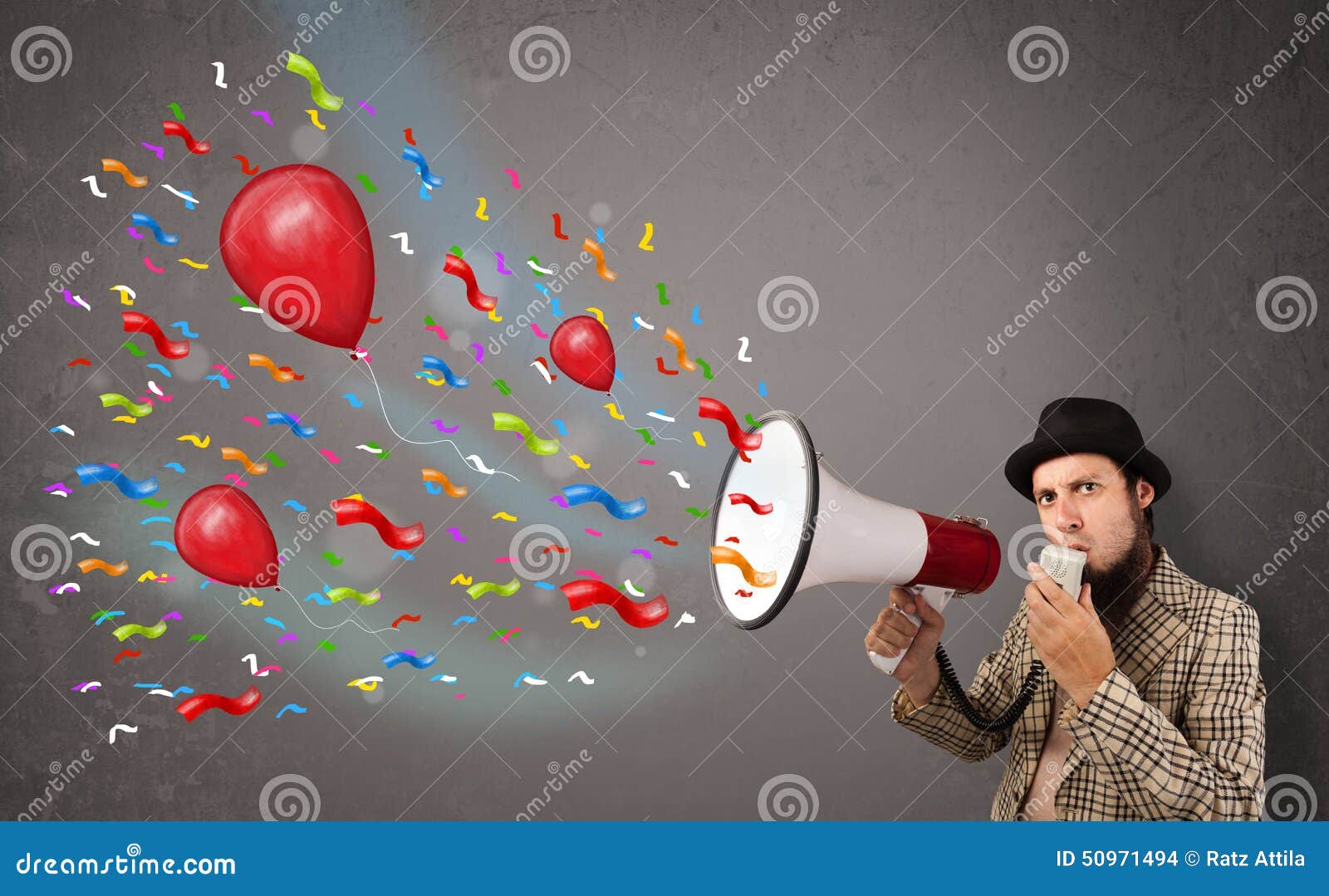 Young Guy Having Fun, Shouting into Megaphone with Balloons Stock Photo ...