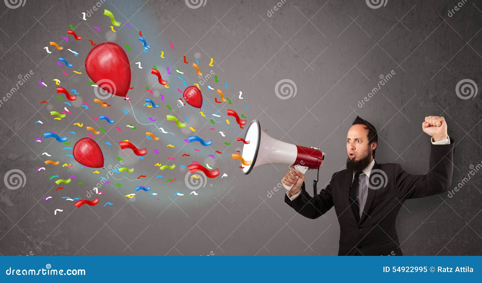 Young Guy Having Fun, Shouting into Megaphone with Balloons Stock Image ...
