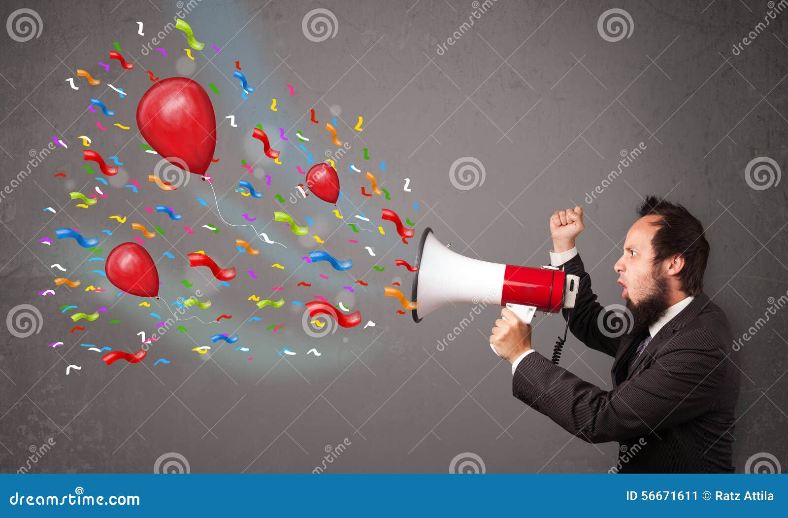 Young Guy Having Fun, Shouting into Megaphone with Balloons Stock Image ...