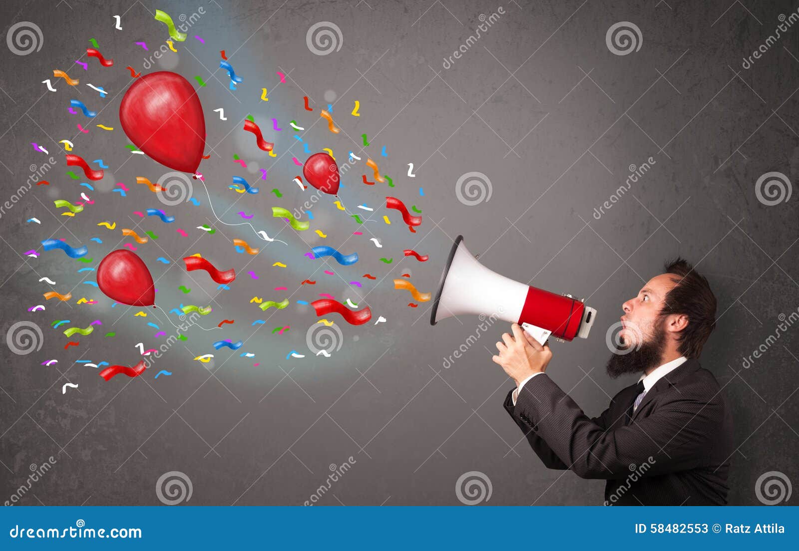 Young Guy Having Fun, Shouting into Megaphone with Balloons Stock Image ...