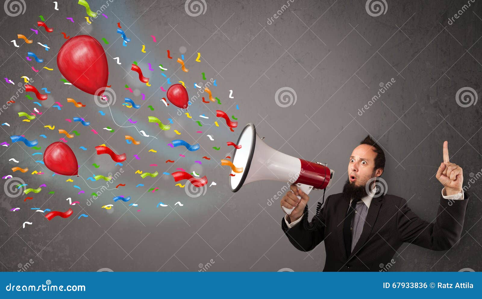 Young Guy Having Fun, Shouting into Megaphone with Balloons Stock Photo ...