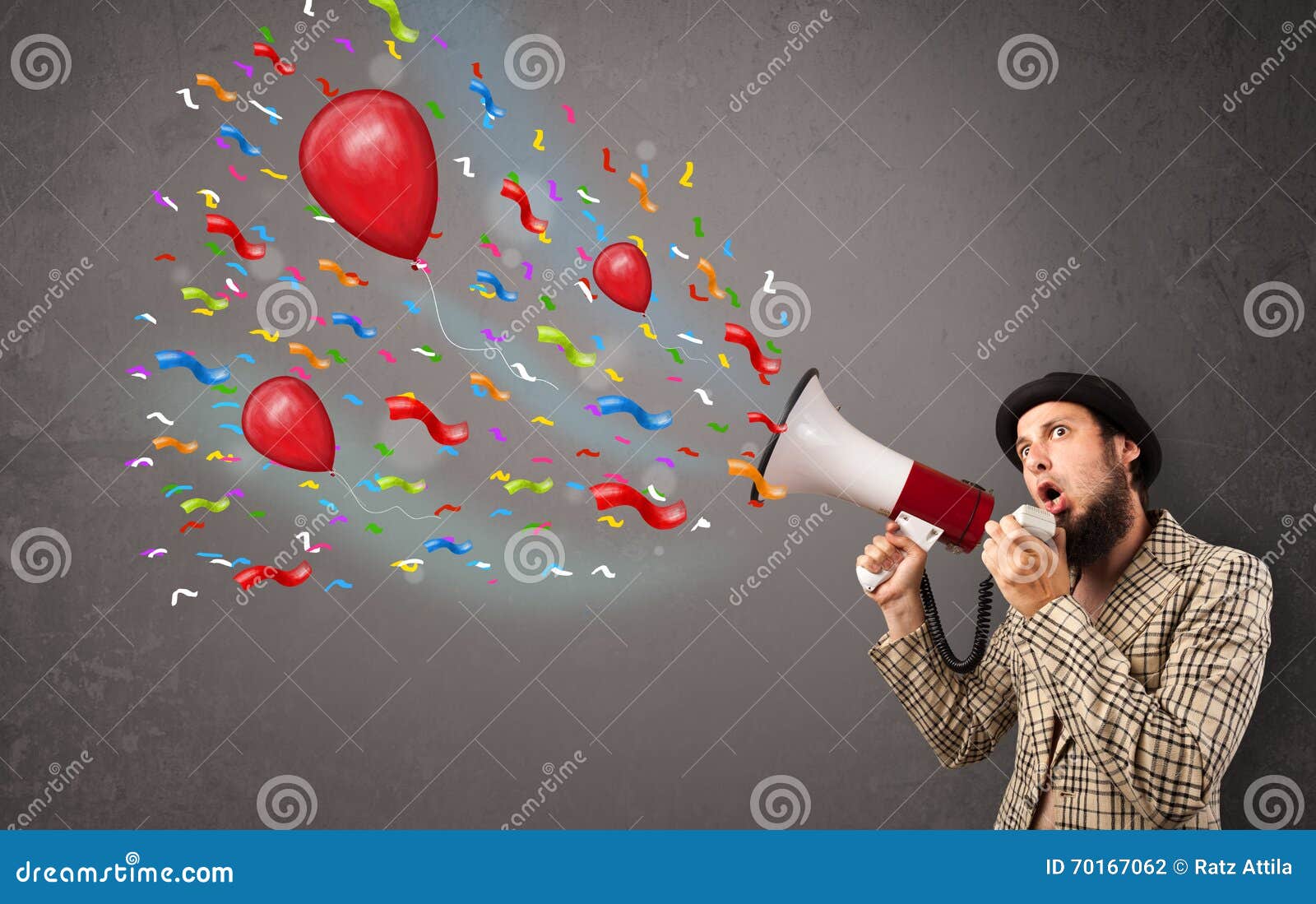 Young Guy Having Fun, Shouting into Megaphone with Balloons Stock Photo ...
