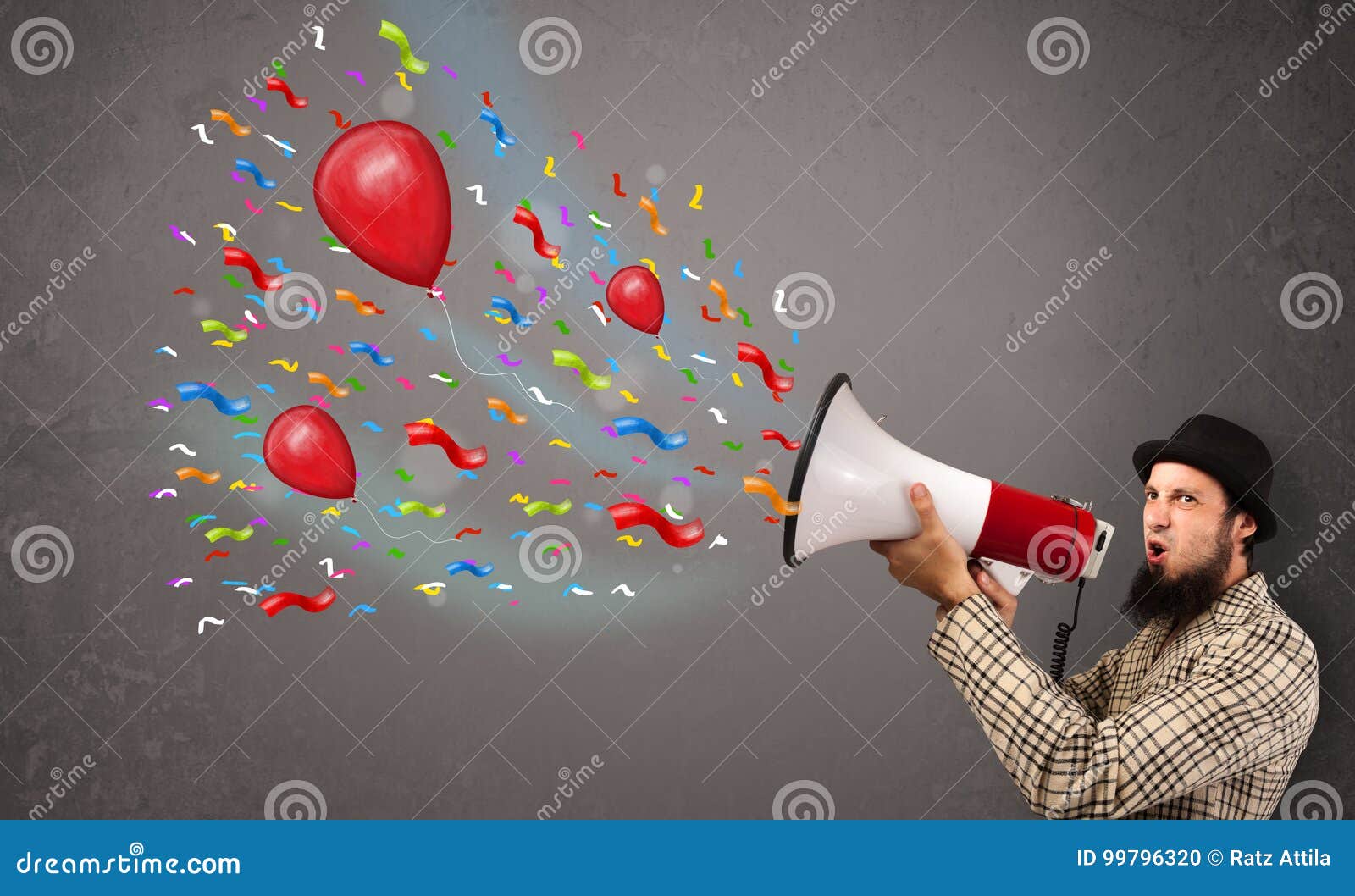 Young Guy Having Fun, Shouting into Megaphone with Balloons Stock Photo ...