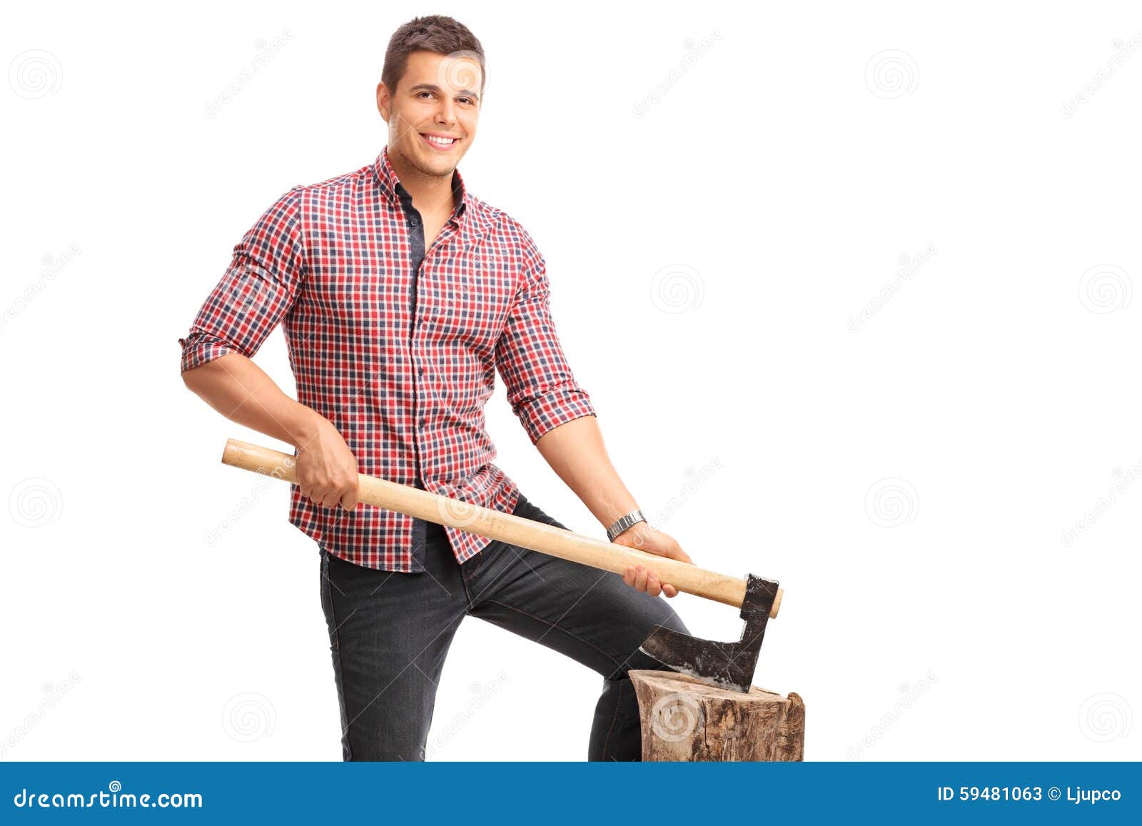 Young Guy Holding Axe and Posing Behind a Log Stock Image - Image of ...
