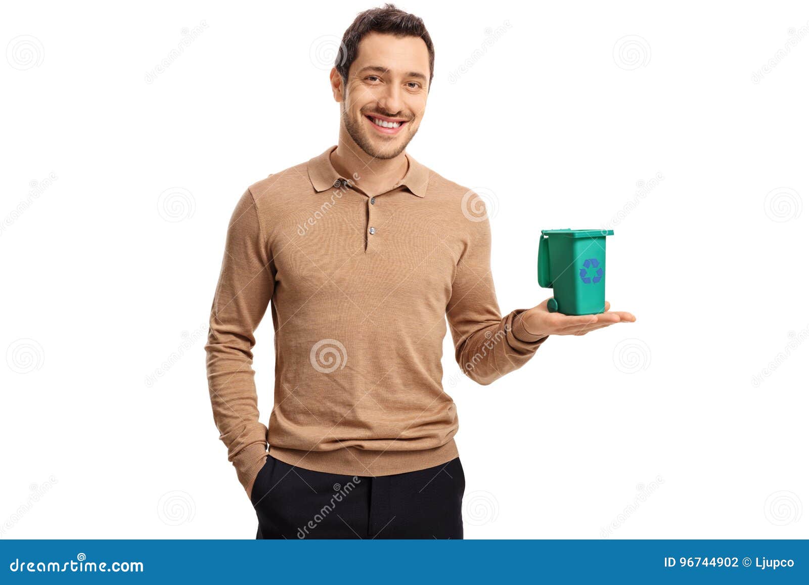 Young Guy Holding a Small Recycling Bin and Smiling Stock Photo - Image ...