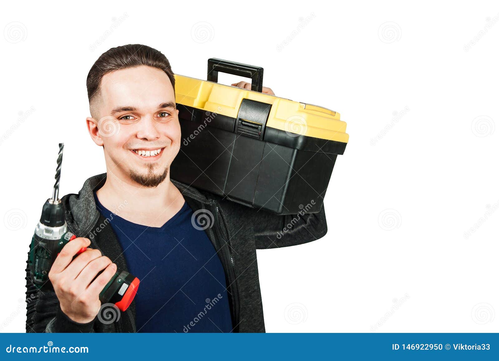 Young Guy Holding Toolbox and Screwdriver, Isolated on White Background ...