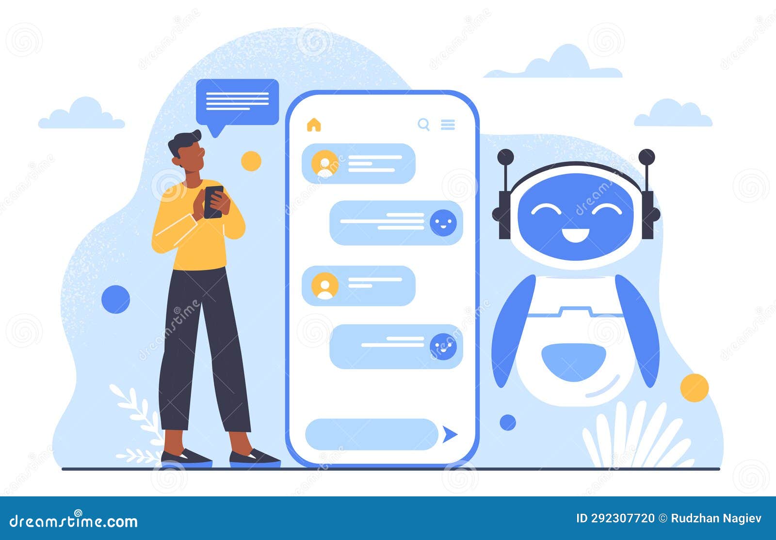 Young Guy Near Smartphone with Chatbot Stock Illustration ...