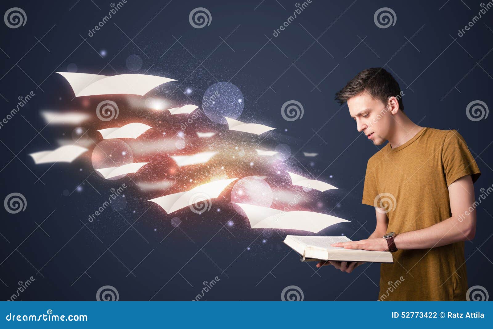 Young Guy Reading a Book with Flying Sheets Coming Out of the Bo Stock ...