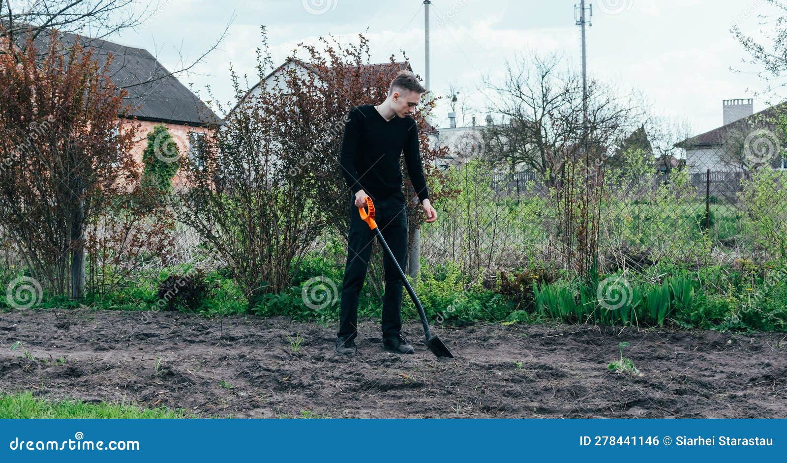 A Young Guy with a Shovel in the Backyard Stock Photo - Image of fruit ...