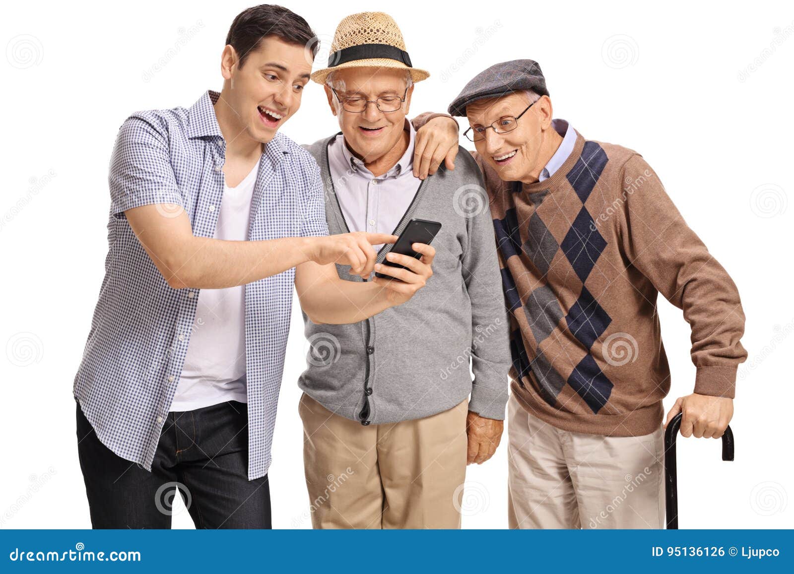 Young Guy Showing Something on Phone To Two Elderly Men Stock Photo ...