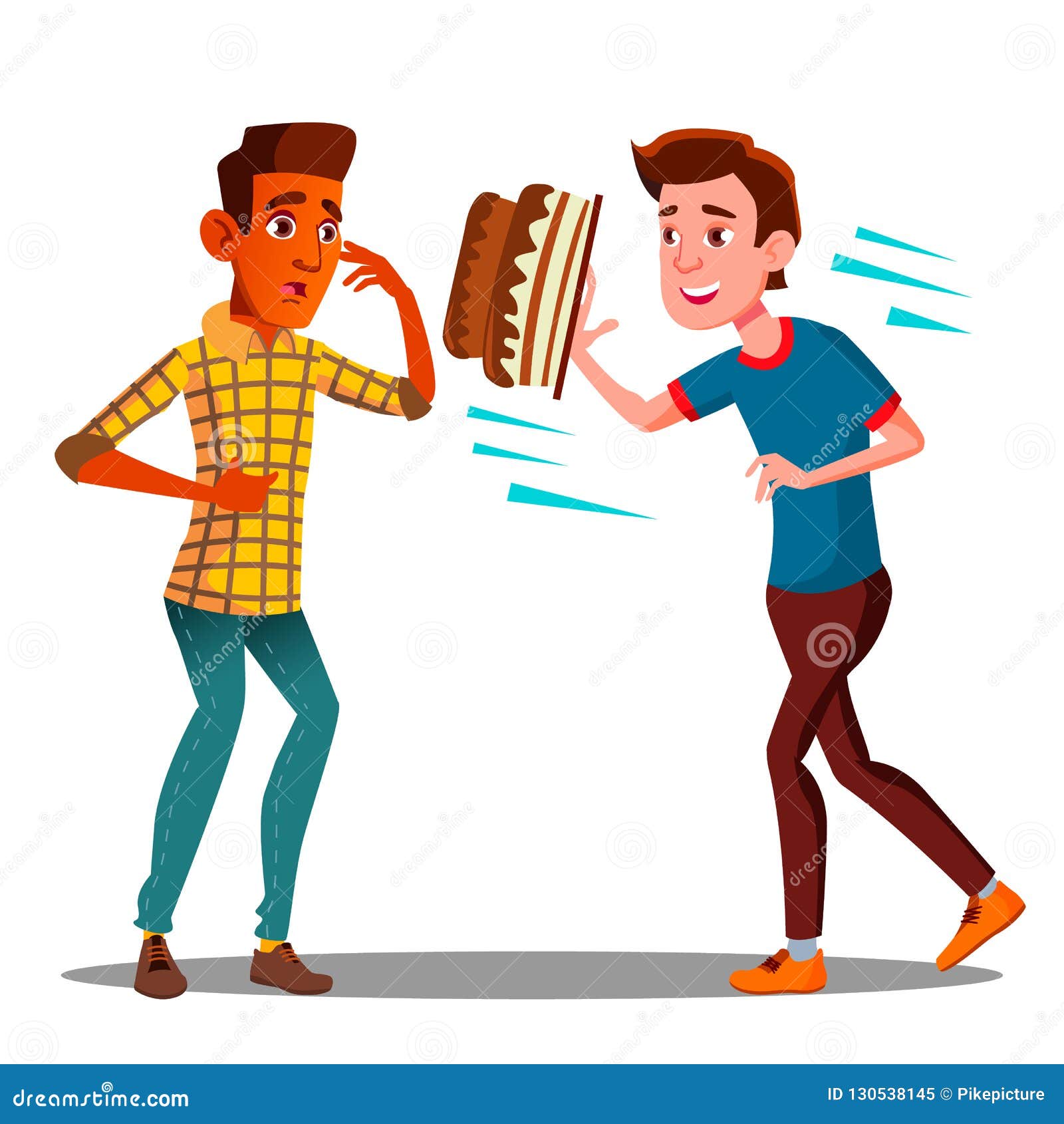 Young Guy Throwing a Cake in the Face of a Friend for Joke Vector ...