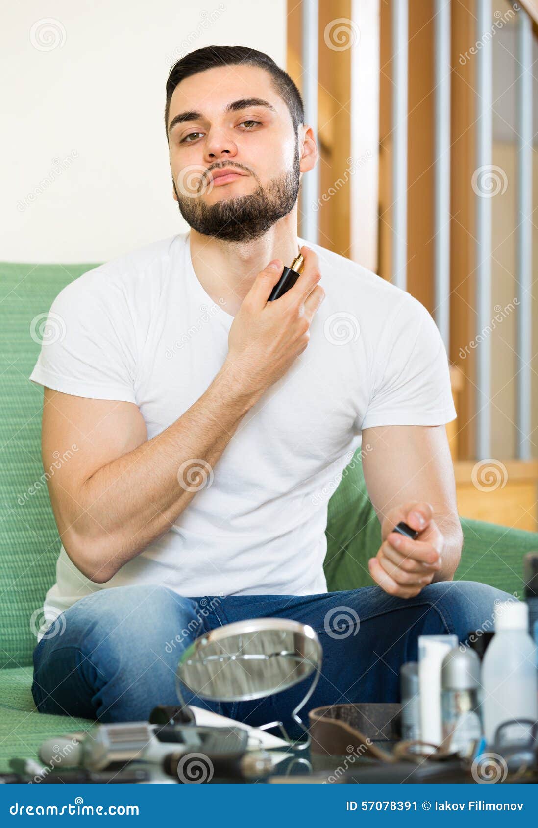 Young Guy Using Perfume at Home Stock Image - Image of metrosexual ...