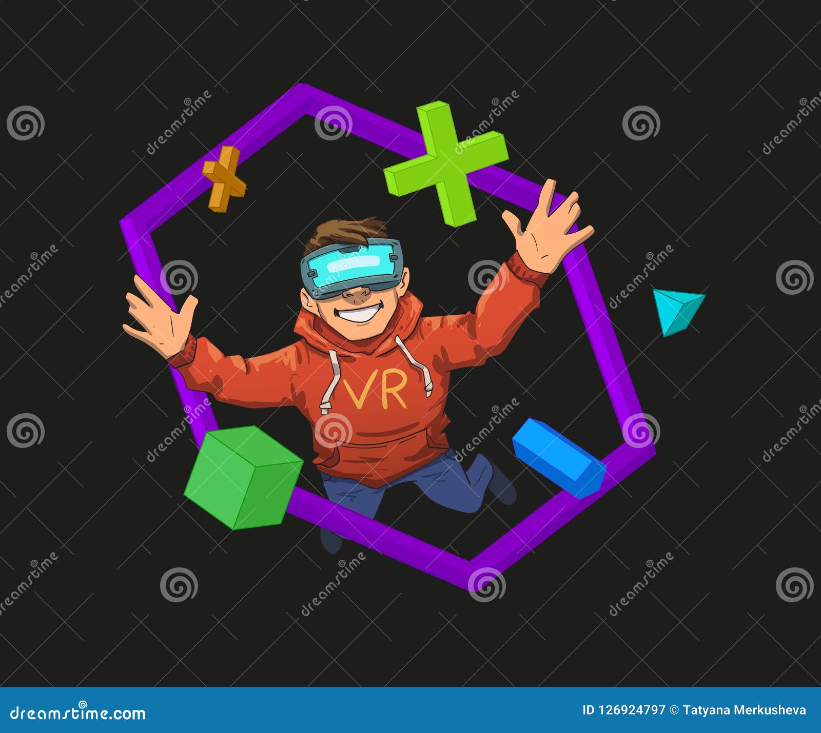 Man In VR Headset Is Flying In Virtual Reality World. Futuristic Neon ...