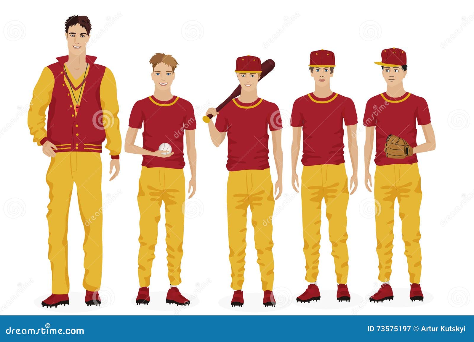 Young Guys School Baseball Team with Coach Trainer. Vector Illustration ...