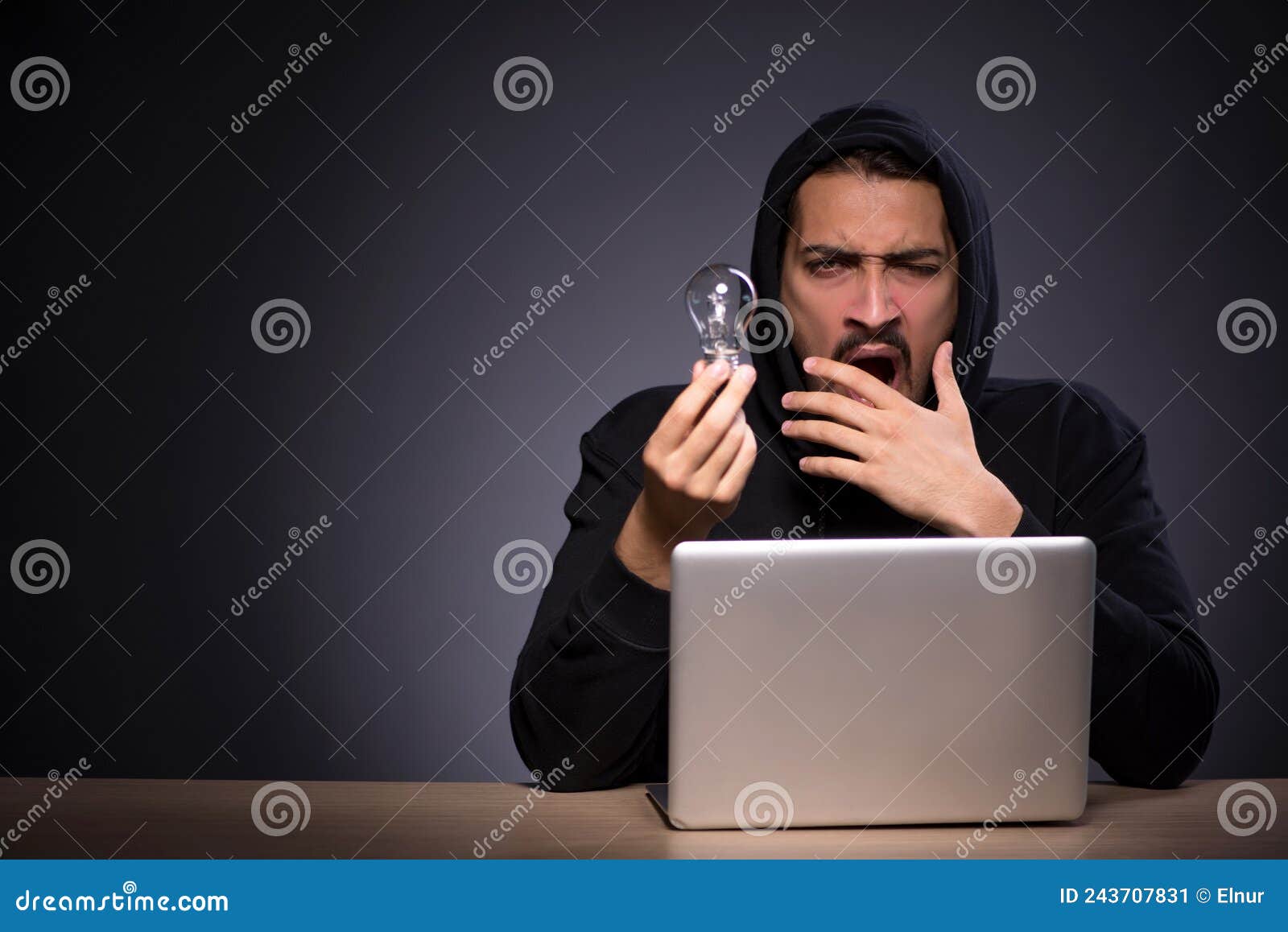 Young Male Hacker on Grey Background Stock Image - Image of crime ...