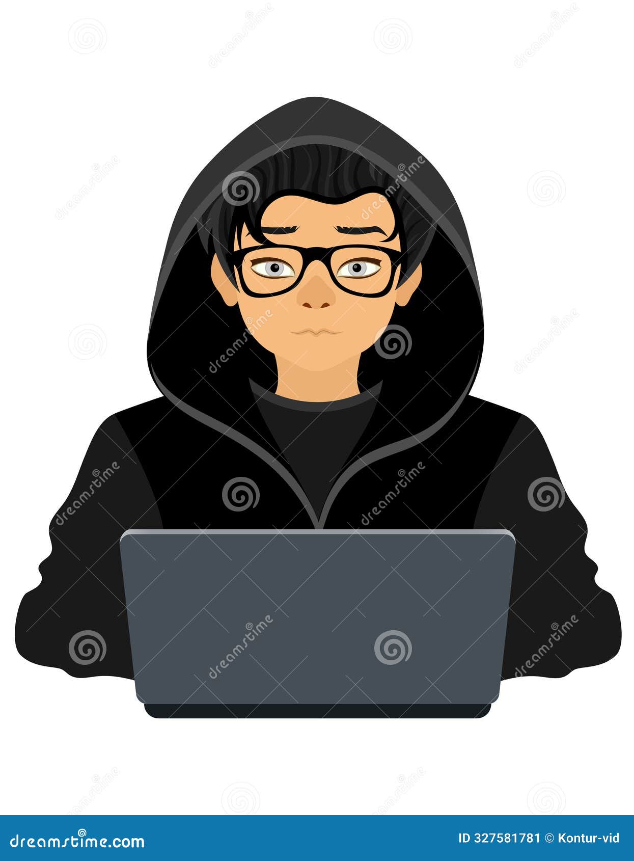 Young Hacker Programmer it Specialist Coder Sitting at a Laptop in a Sweater with a Hood Flat ...