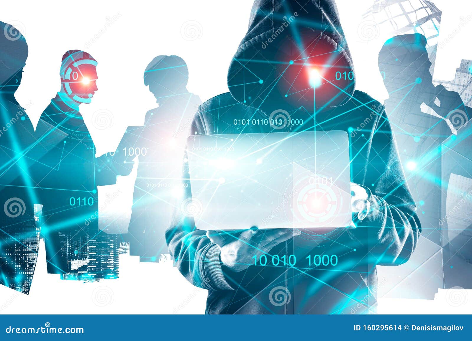 Hacker in Hoodie in City, Business People and HUD Stock Photo - Image ...