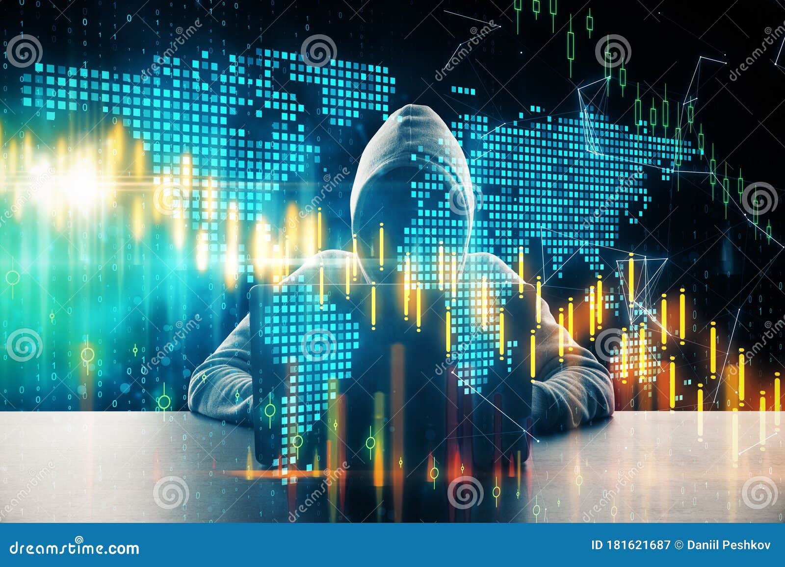 Young Hacker Using Laptop with Digital Global Forex Falling Chart Stock ...