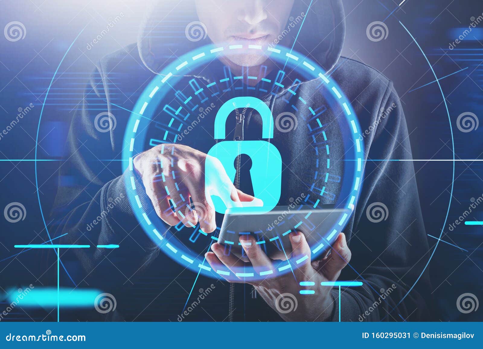 Hacker with Tablet, Cyber Security HUD Interface Stock Image - Image of ...