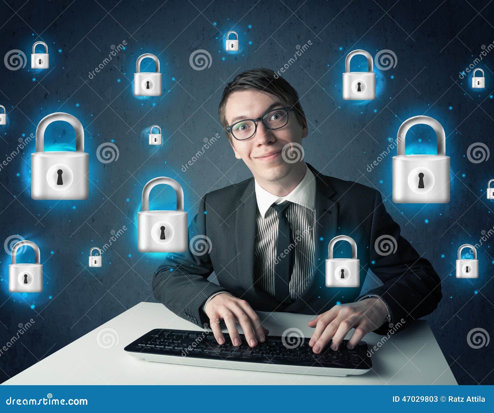 Young Hacker with Virtual Lock Symbols and Icons Stock Image - Image of ...