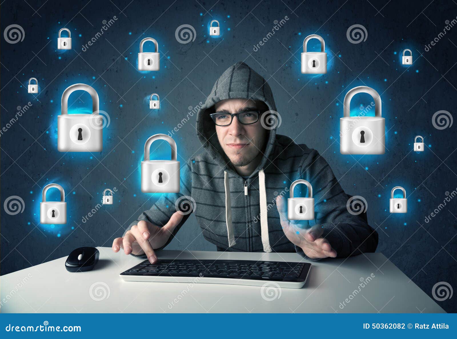 Young Hacker with Virtual Lock Symbols and Icons Stock Photo - Image of ...
