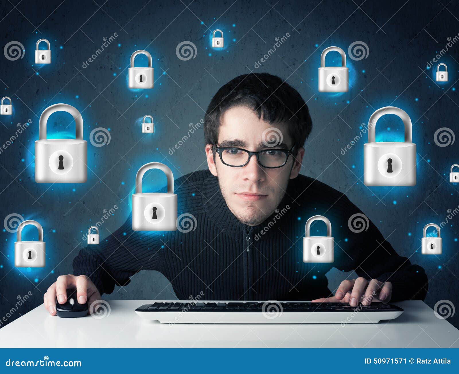 Young Hacker with Virtual Lock Symbols and Icons Stock Image - Image of ...