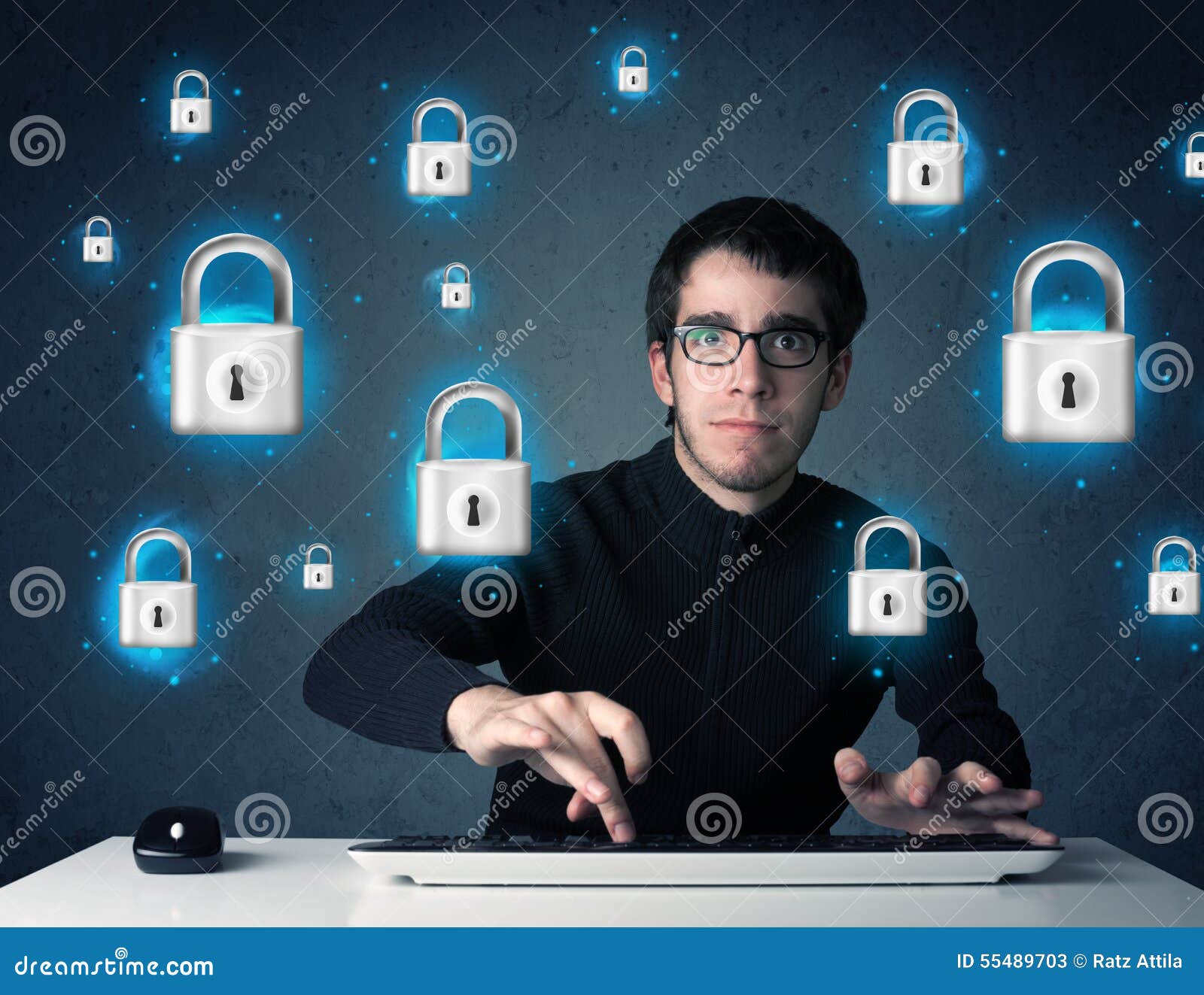 Young Hacker with Virtual Lock Symbols and Icons Stock Image - Image of ...