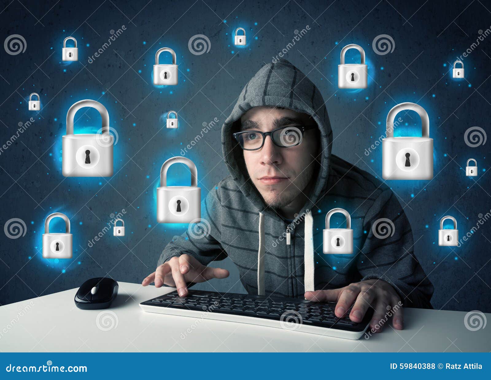 Young Hacker with Virtual Lock Symbols and Icons Stock Photo - Image of ...