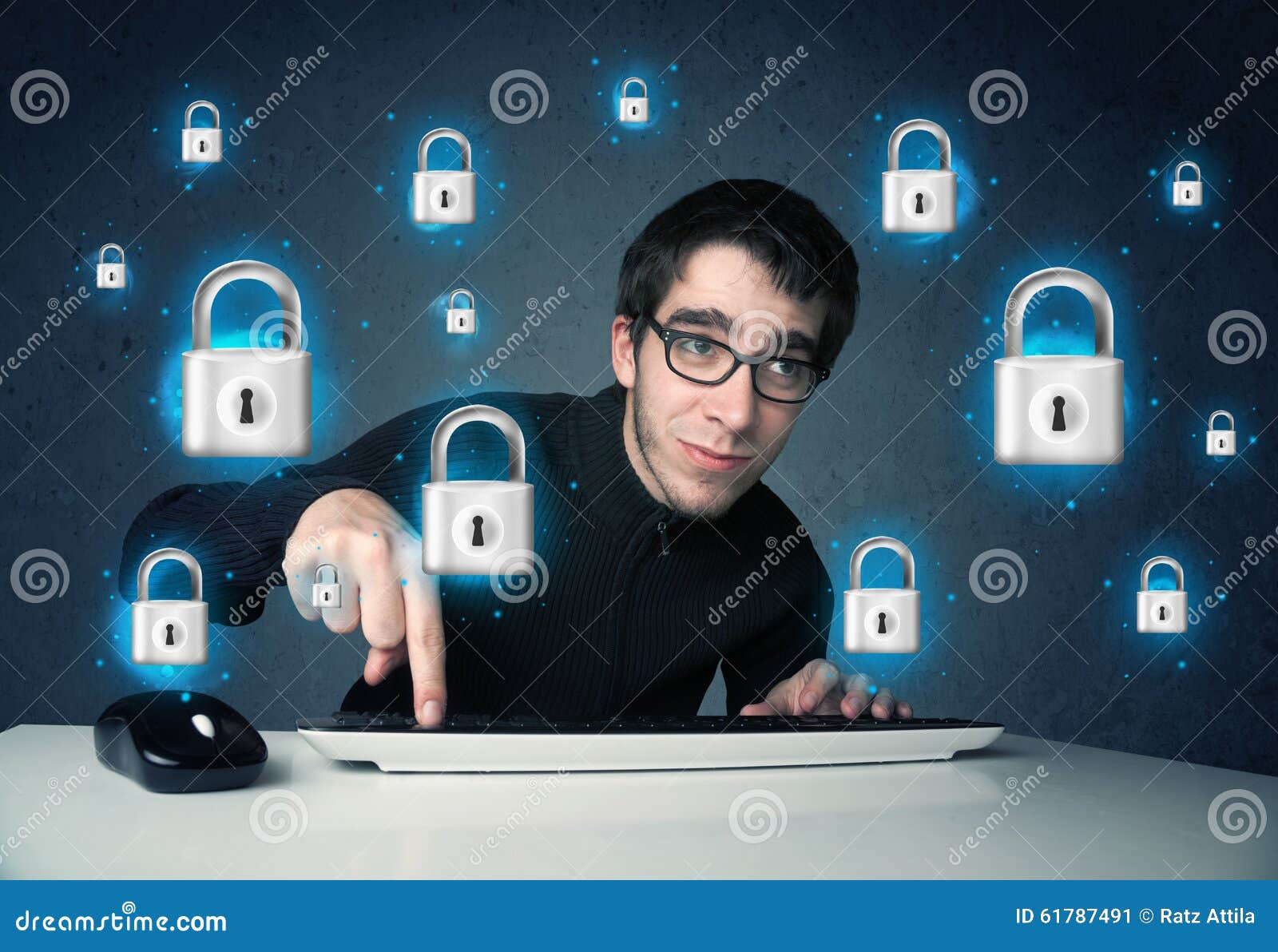 Young Hacker with Virtual Lock Symbols and Icons Stock Image - Image of ...