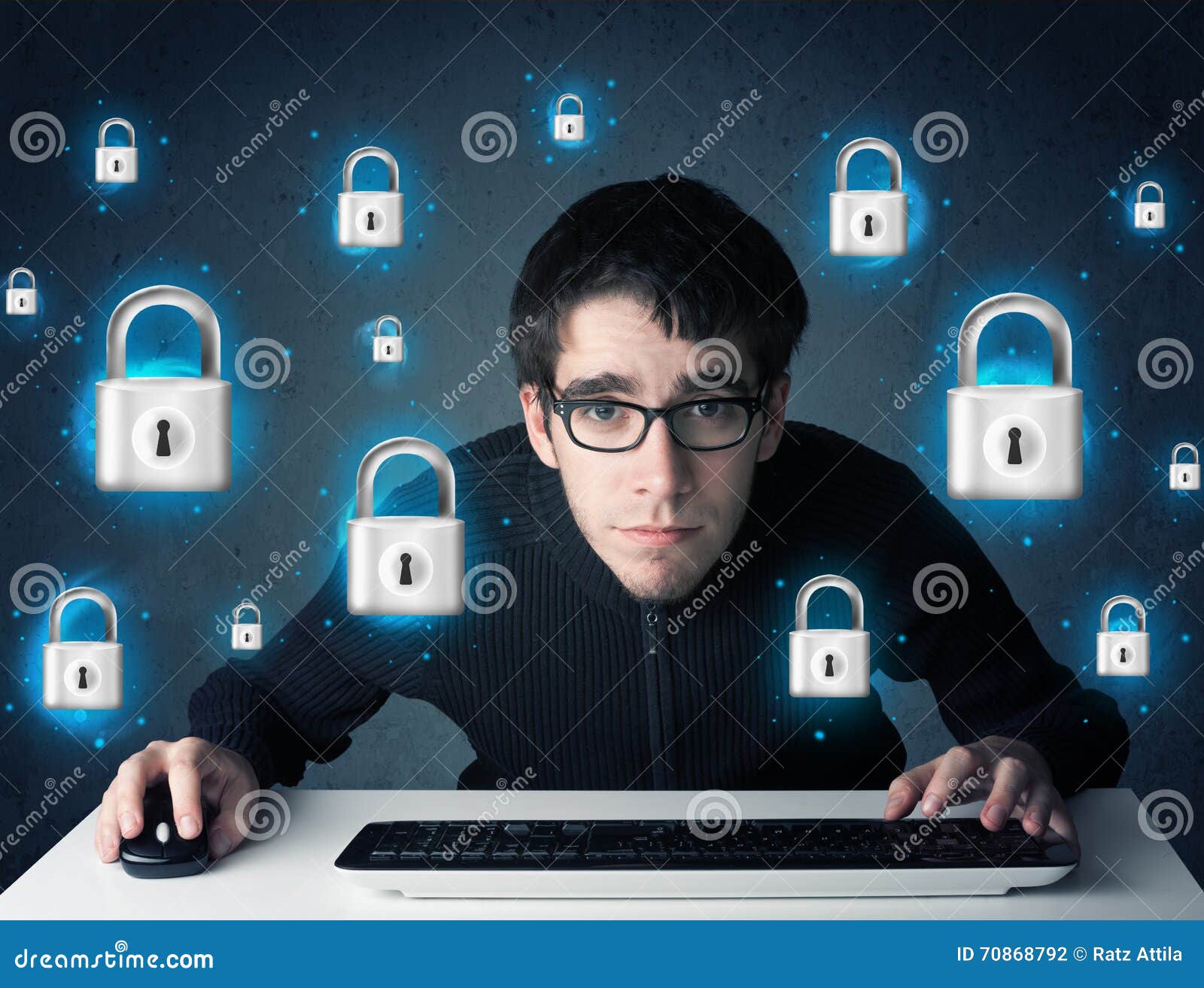 Young Hacker with Virtual Lock Symbols and Icons Stock Photo - Image of ...