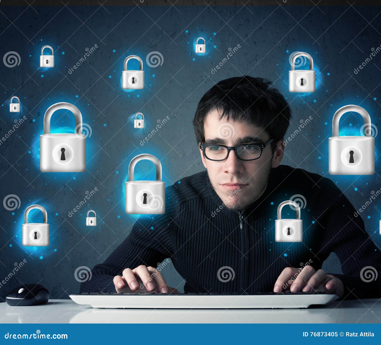 Young Hacker with Virtual Lock Symbols and Icons Stock Image - Image of ...