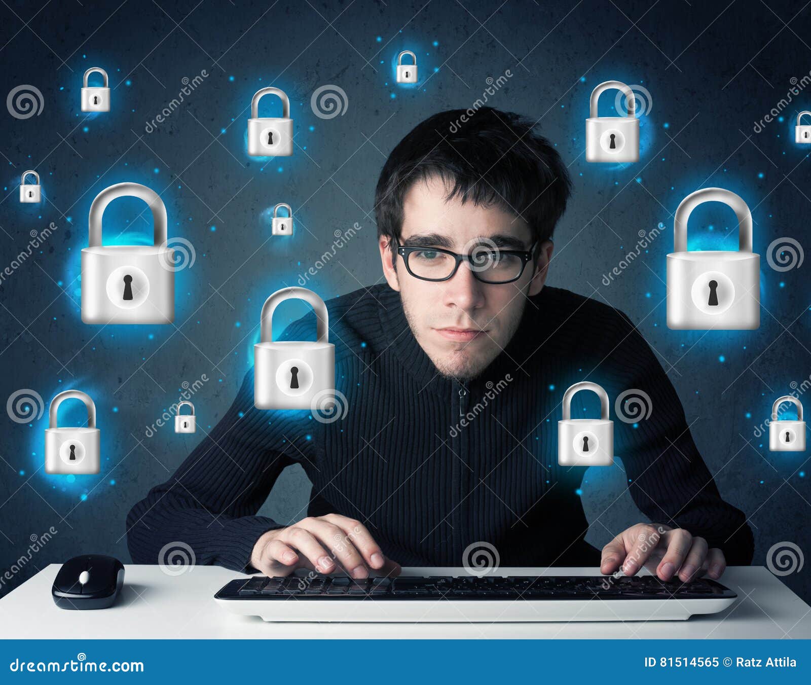 Young Hacker with Virtual Lock Symbols and Icons Stock Image - Image of ...