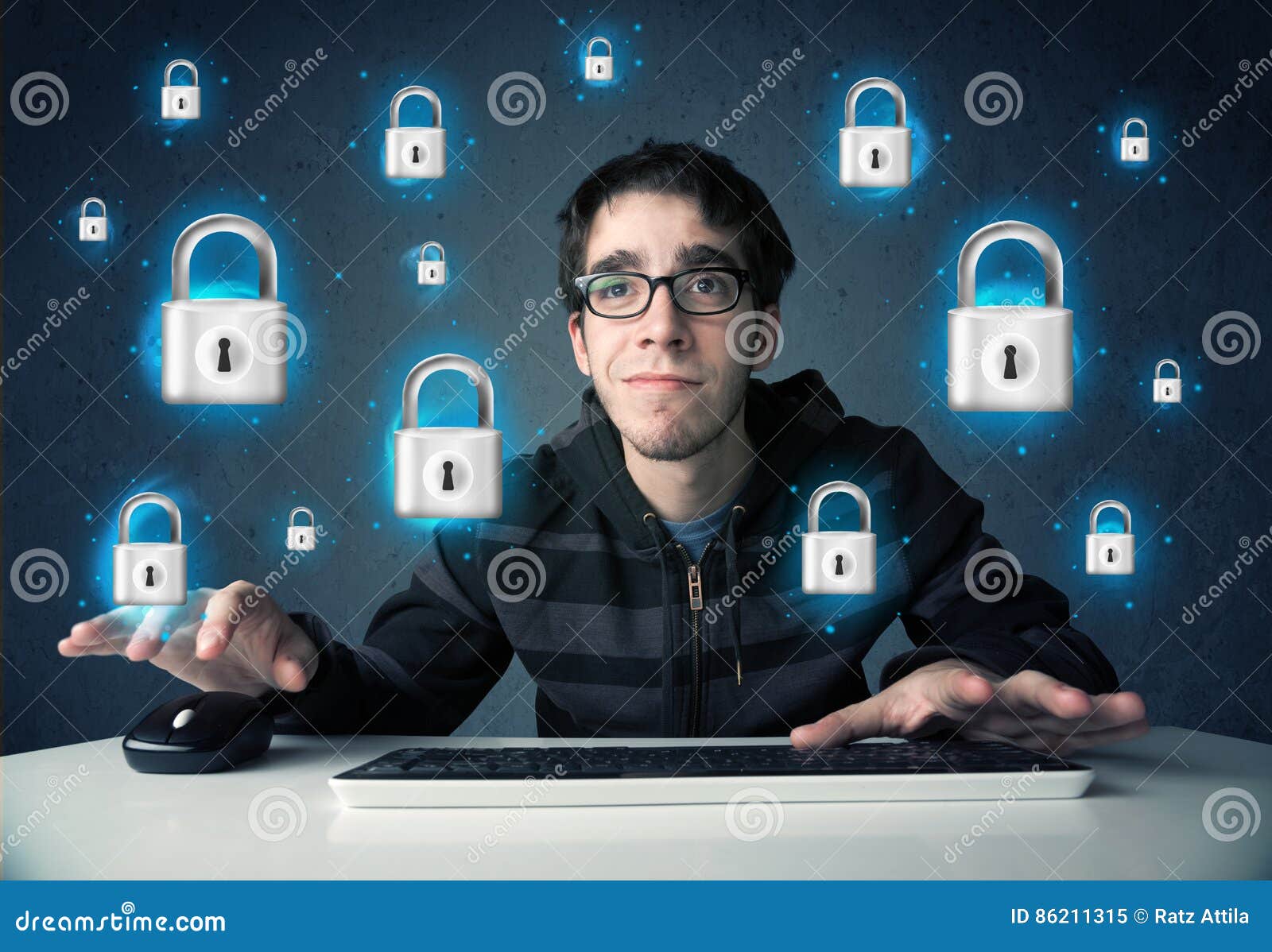 Young Hacker with Virtual Lock Symbols and Icons Stock Image - Image of ...