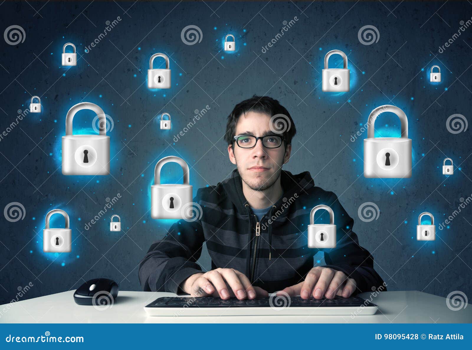 Young Hacker with Virtual Lock Symbols and Icons Stock Photo - Image of ...