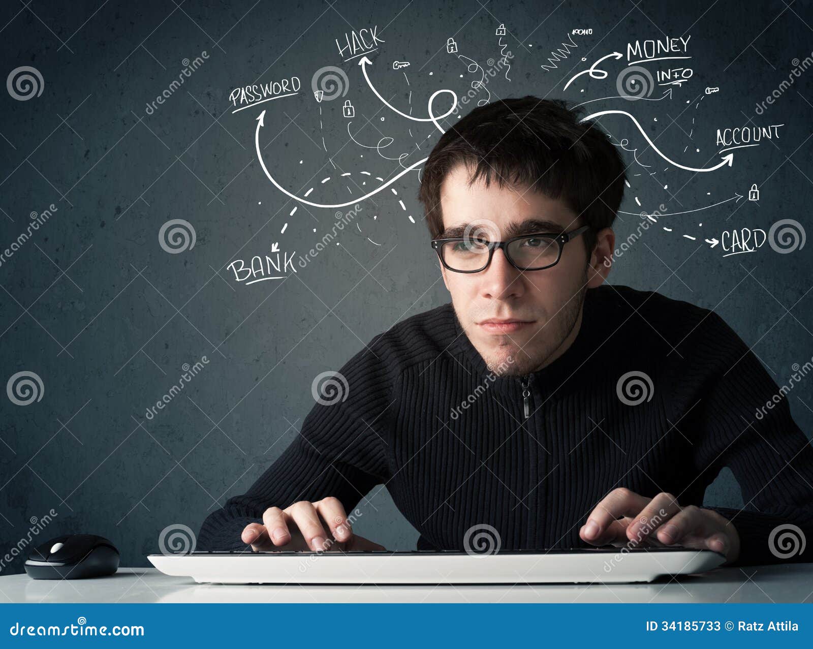 Young Hacker with White Drawn Line Thoughts Stock Image - Image of code ...