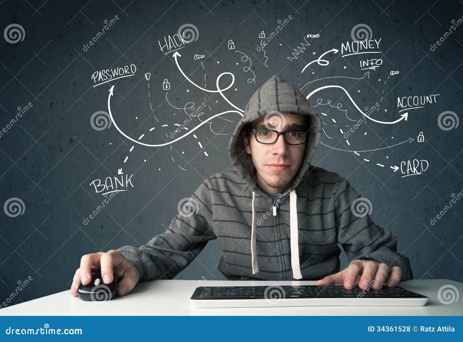 Young Hacker with White Drawn Line Thoughts Stock Photo - Image of ...