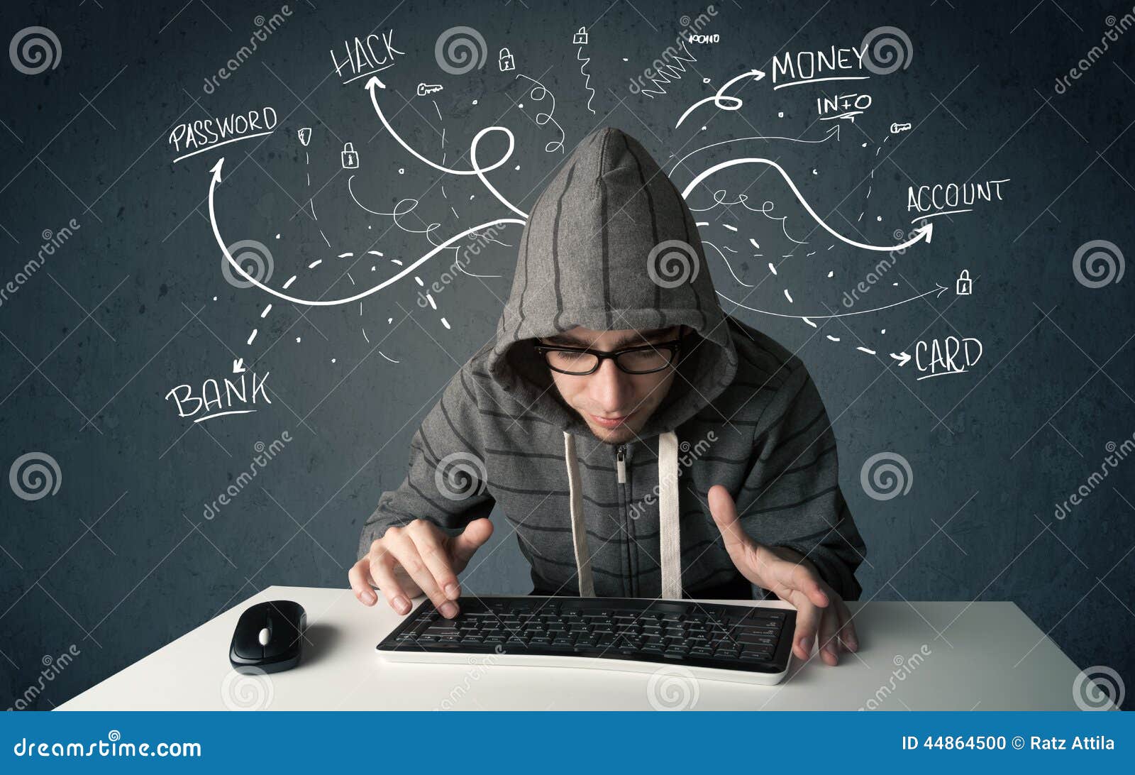 Young Hacker with White Drawn Line Thoughts Stock Illustration ...