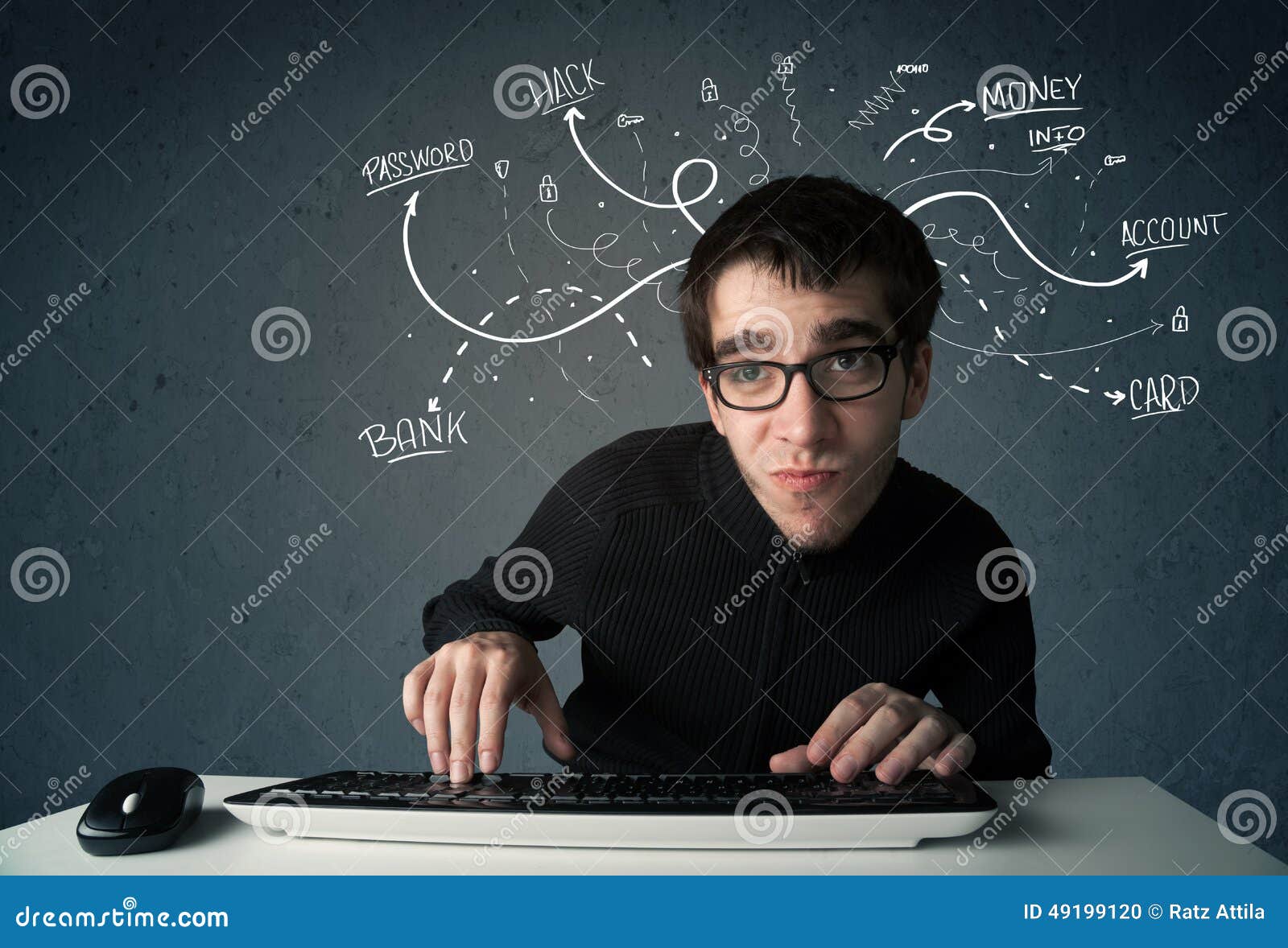 Young Hacker with White Drawn Line Thoughts Stock Photo - Image of ...