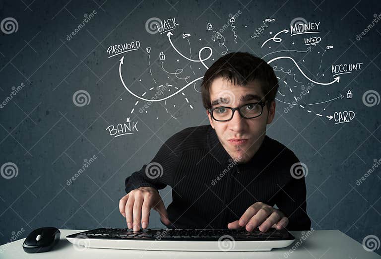 Young Hacker with White Drawn Line Thoughts Stock Photo - Image of ...