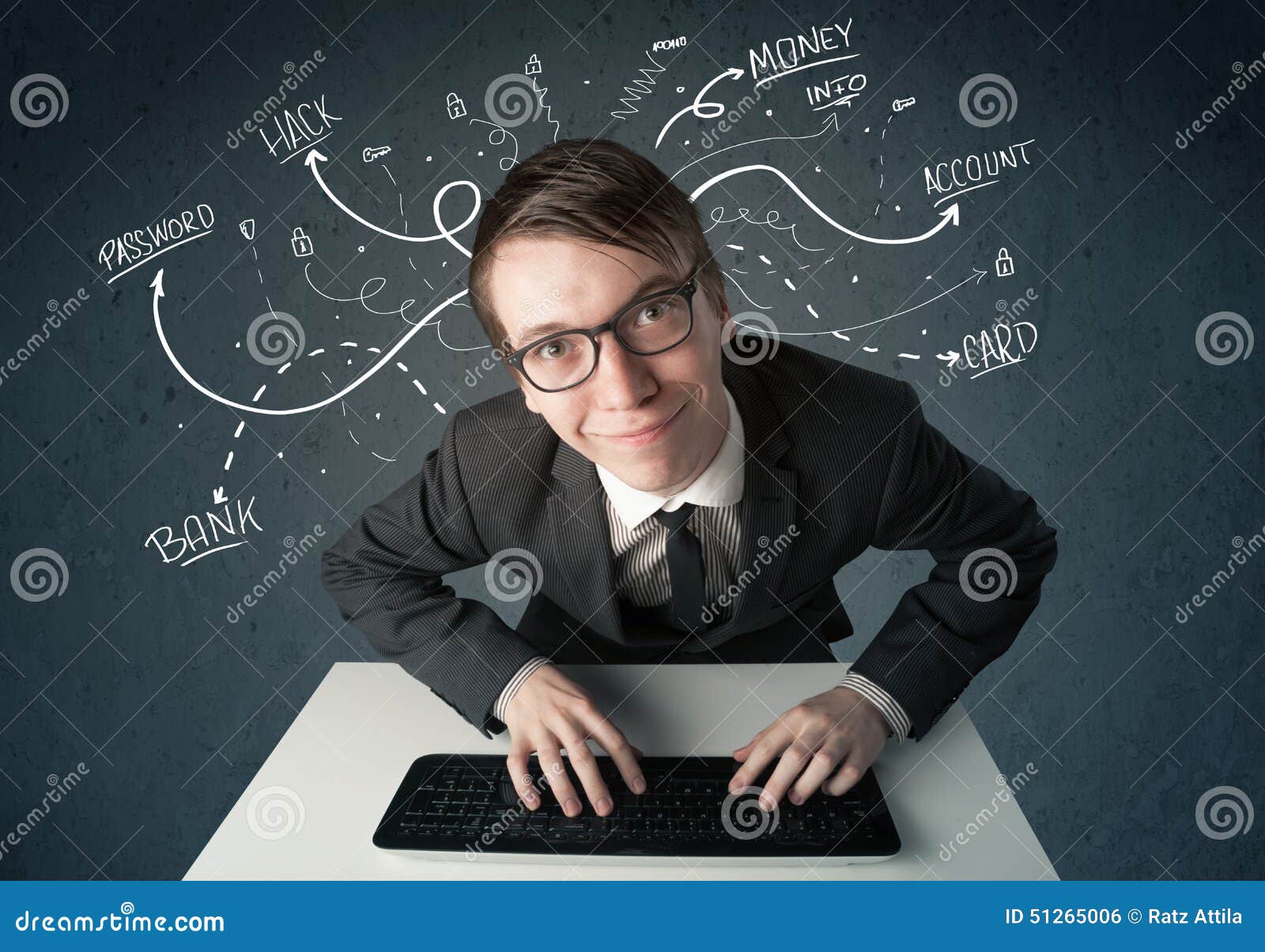 Young Hacker with White Drawn Line Thoughts Stock Photo - Image of ...