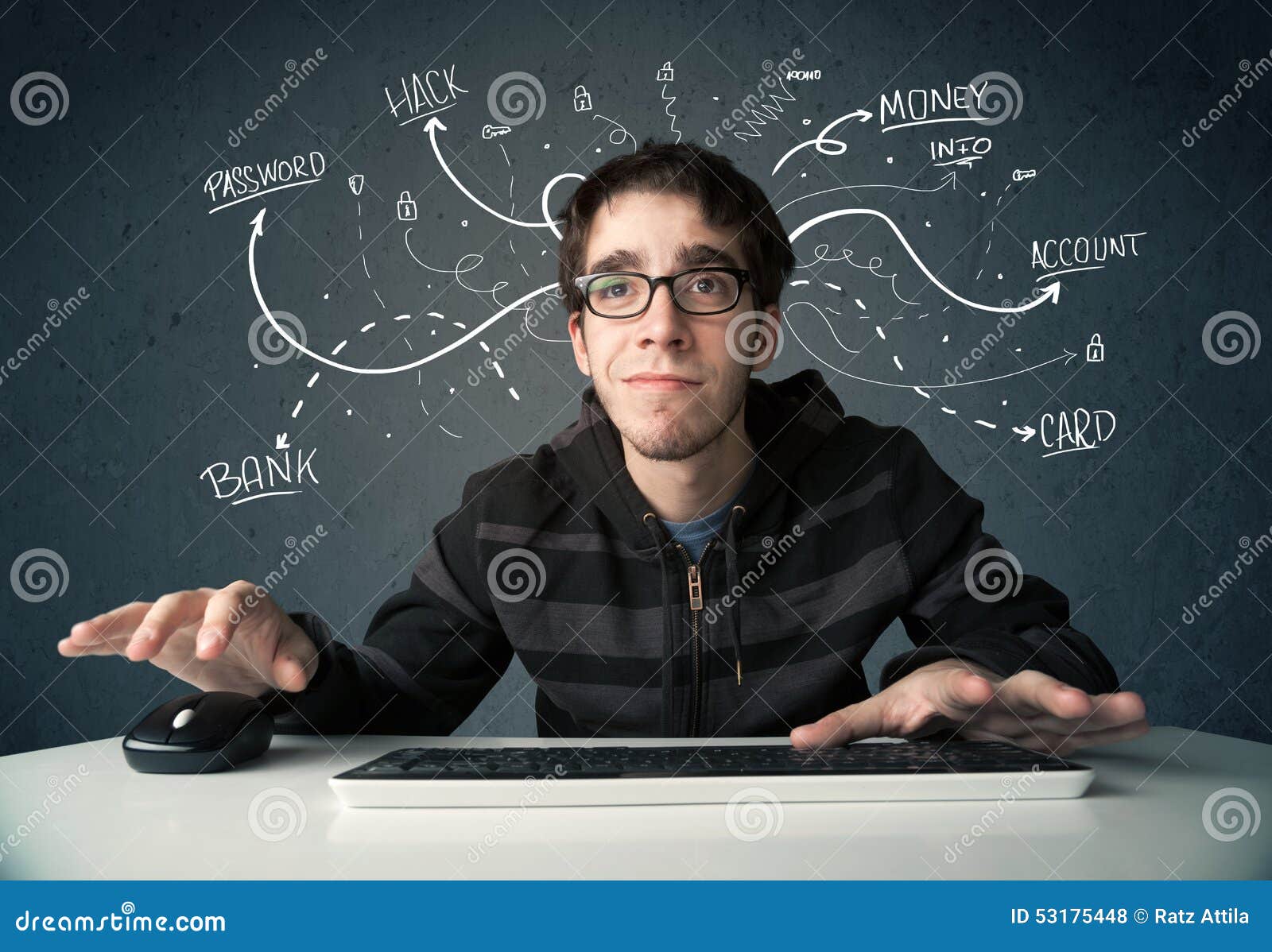 Young Hacker with White Drawn Line Thoughts Stock Photo - Image of ...