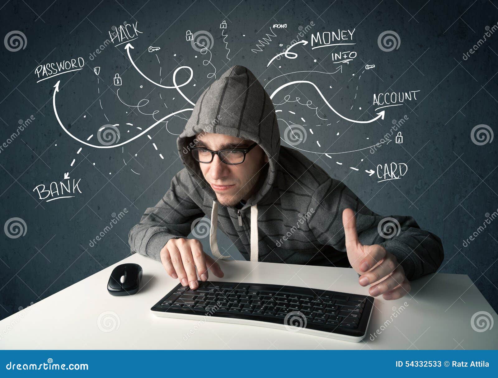 Young Hacker with White Drawn Line Thoughts Stock Image - Image of ...