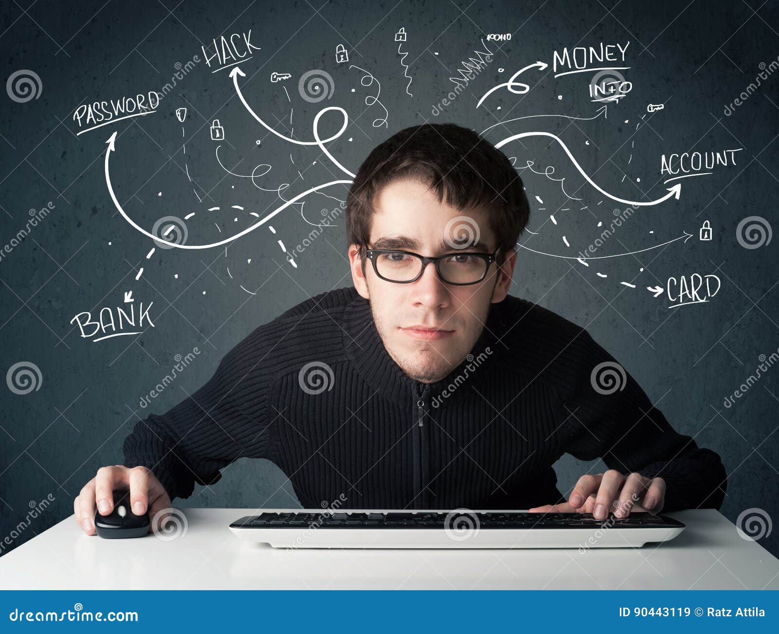 Young Hacker with White Drawn Line Thoughts Stock Image - Image of ...