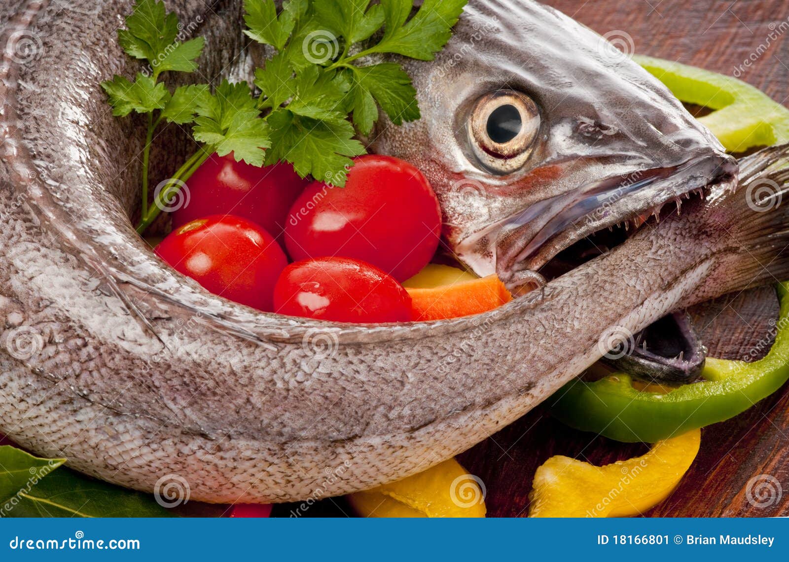 Young Hake Prepared for Cooking with Vegetables. Stock Image - Image of ...