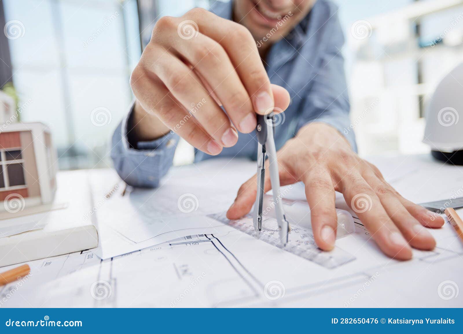Architect Working on Drawing Table in Office Stock Photo - Image of ...