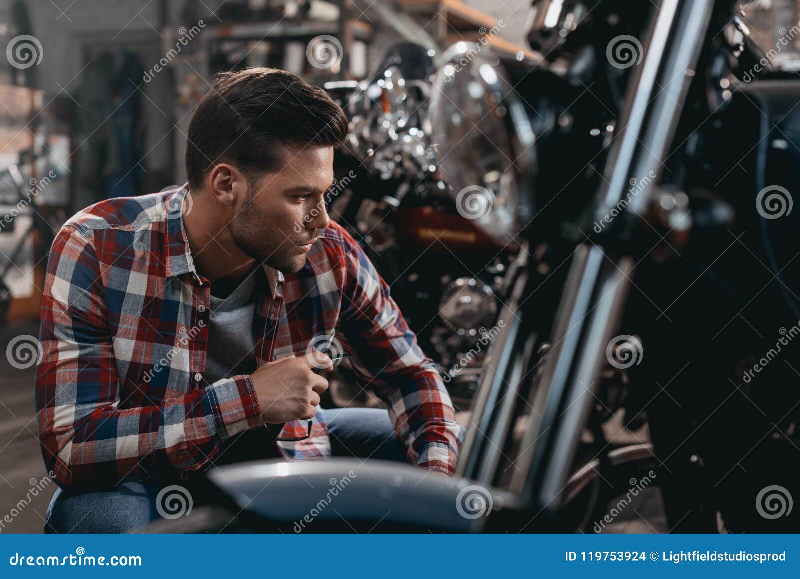 Young Handsome Biker with Classic Motorcycle Stock Photo - Image of ...